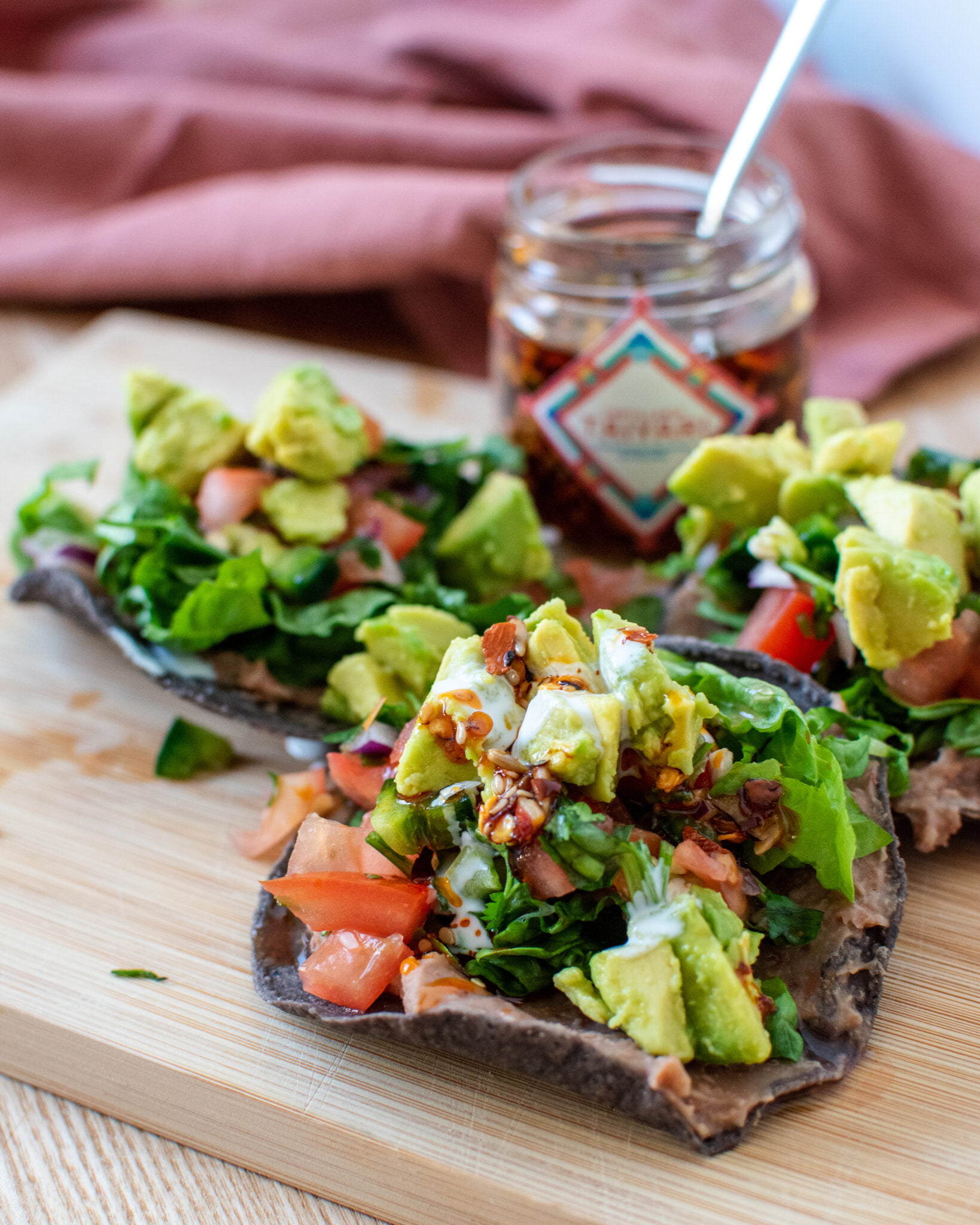Blue corn tostadas with refried beans and pico de gallo - Tortilleria ...